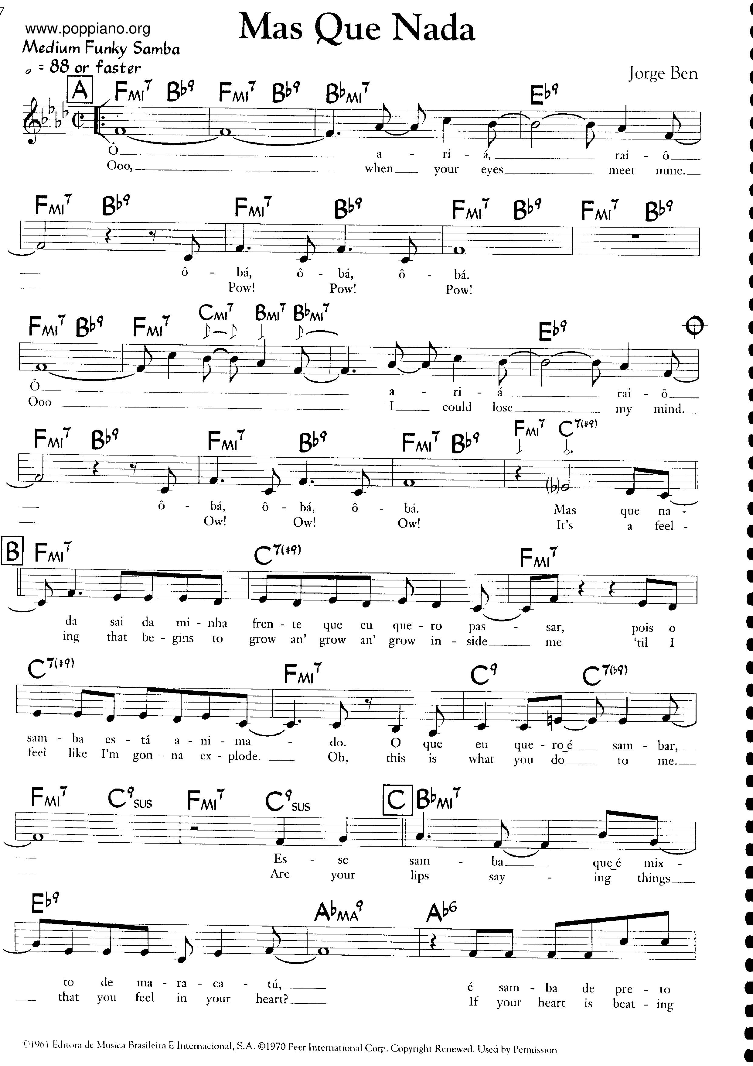 Sergio Mendes-Mas Que Nada 琴譜pdf-香港流行鋼琴協會琴譜下載 ★