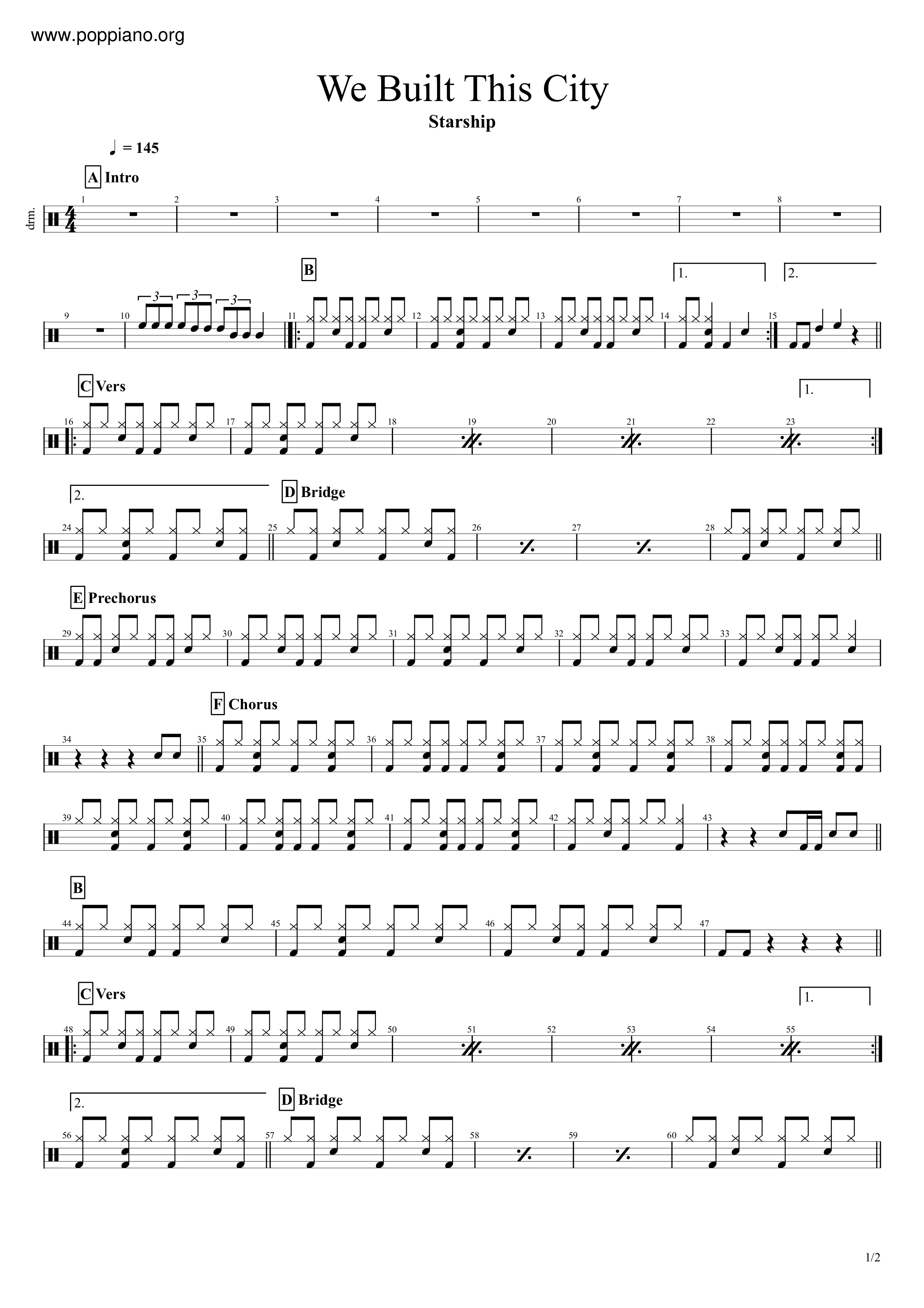 Starship-We Built This City Drum Tab pdf, - Free Score Download ★