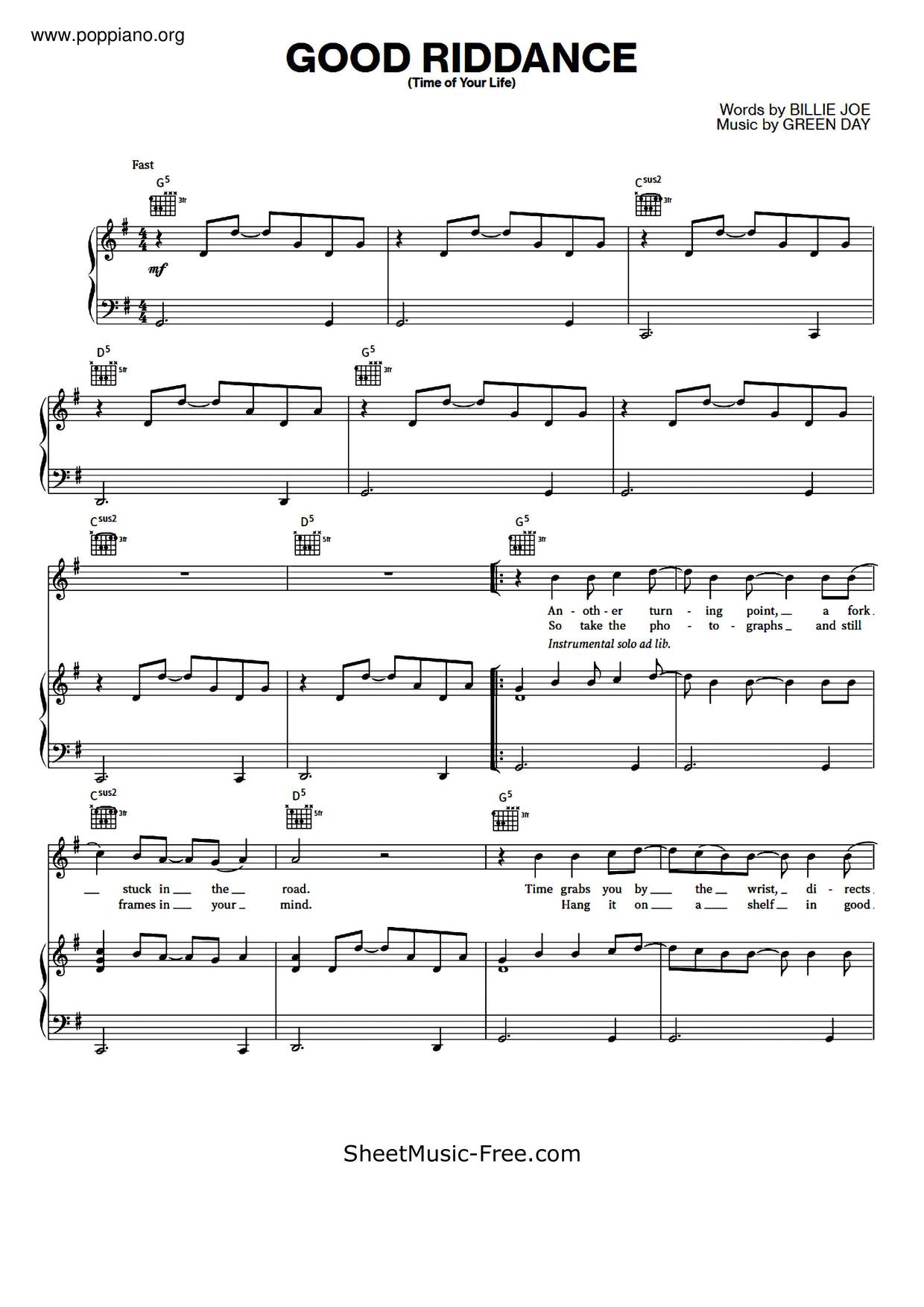 Green Day-Good Riddance 琴譜pdf-香港流行鋼琴協會琴譜下載 ★