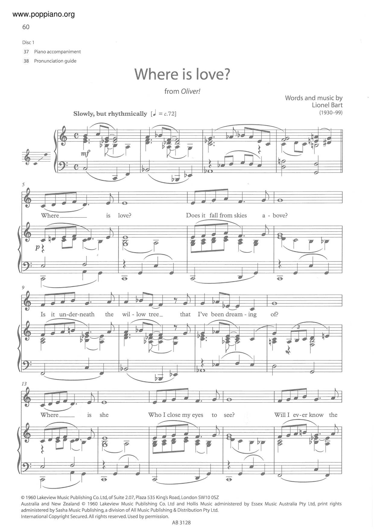 ★Lionel Bart - Where Is Love? ピアノ譜pdf- 香港ポップピアノ協会 無料PDF楽譜ダウンロード gakufu