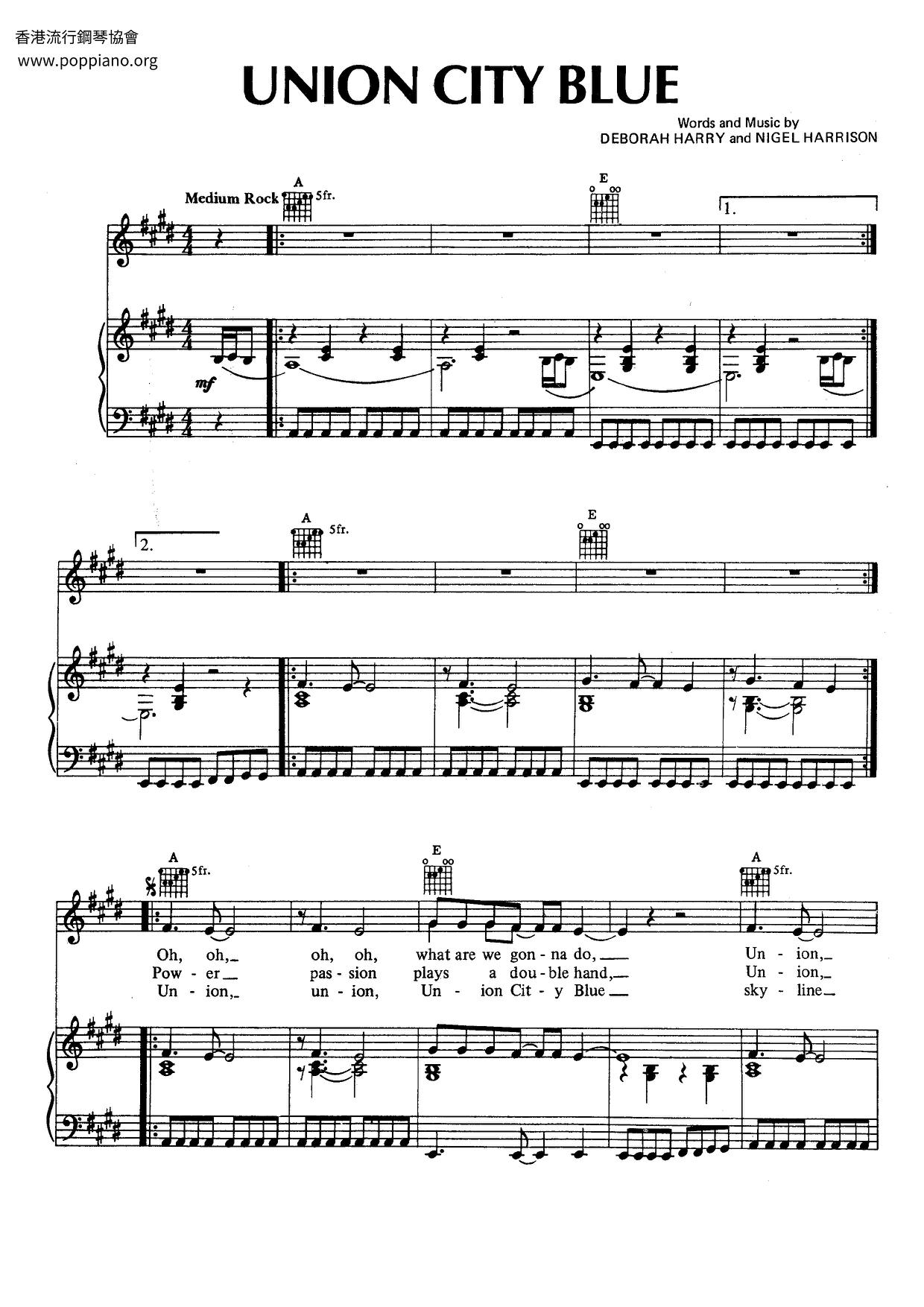 ★Blondie - Union City Blue ピアノ譜pdf- 香港ポップピアノ協会 無料PDF楽譜ダウンロード gakufu