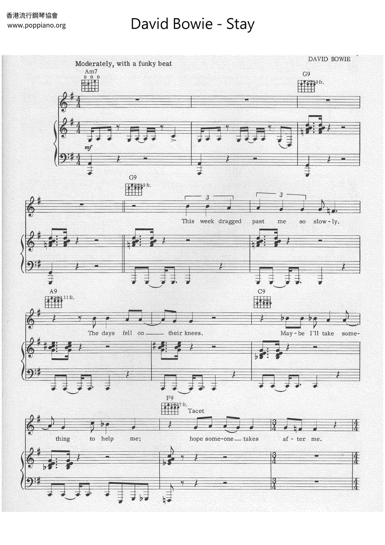 David Bowie-Stay Sheet Music pdf, - Free Score Download ★