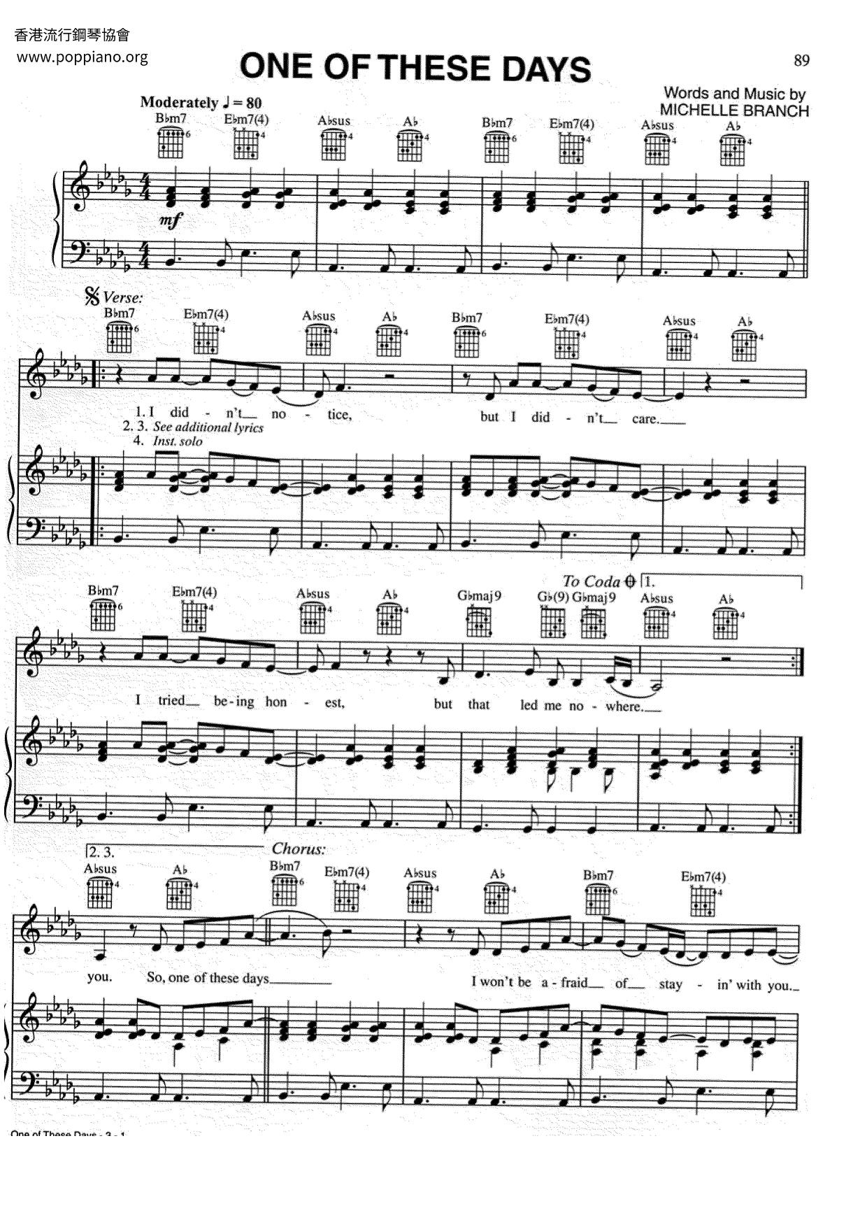 Michelle Branch-One Of These Days Sheet Music pdf, - Free Score Download ★