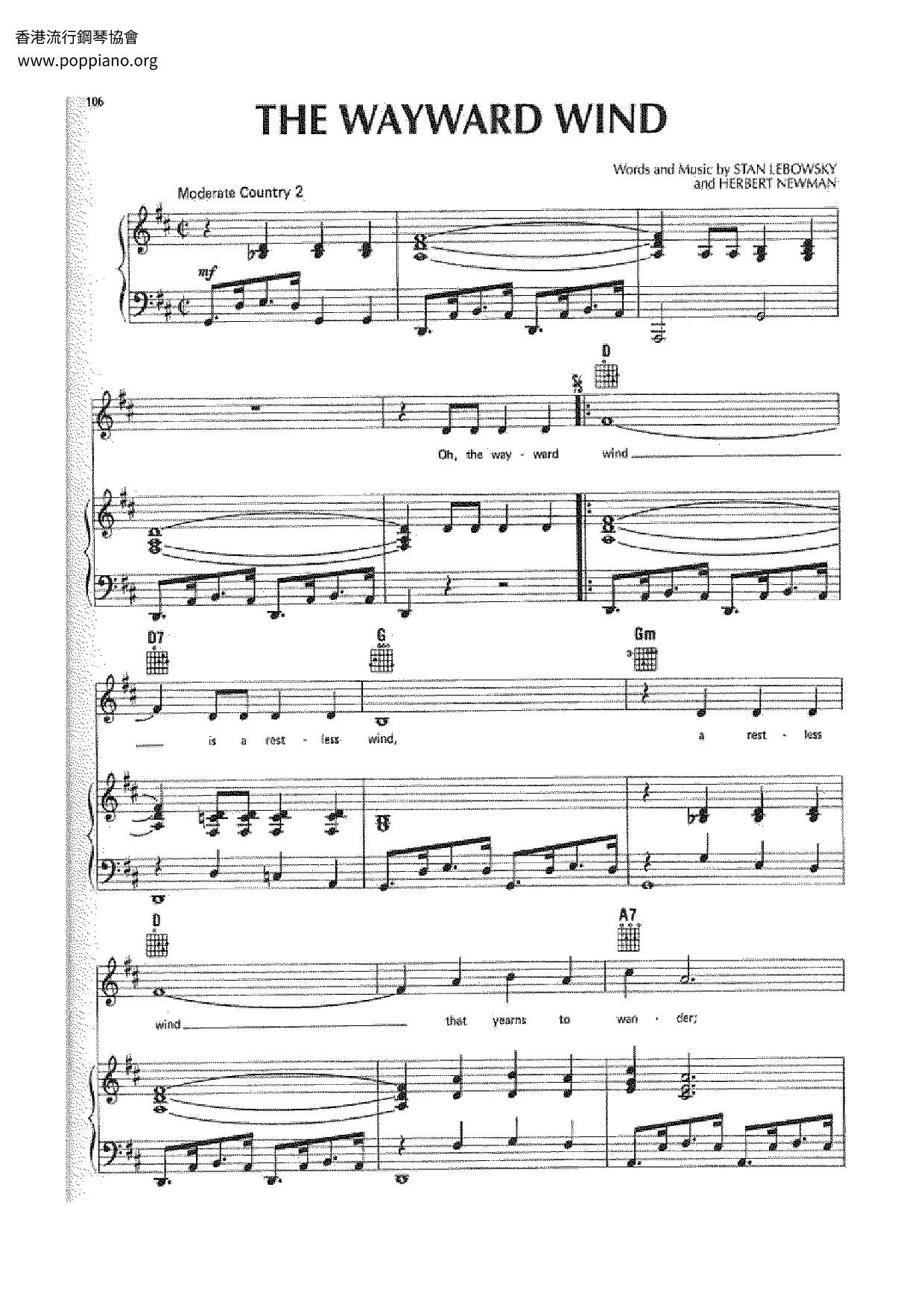 ★Patsy Cline - The Wayward Wind ピアノ譜pdf- 香港ポップピアノ協会 無料PDF楽譜ダウンロード gakufu