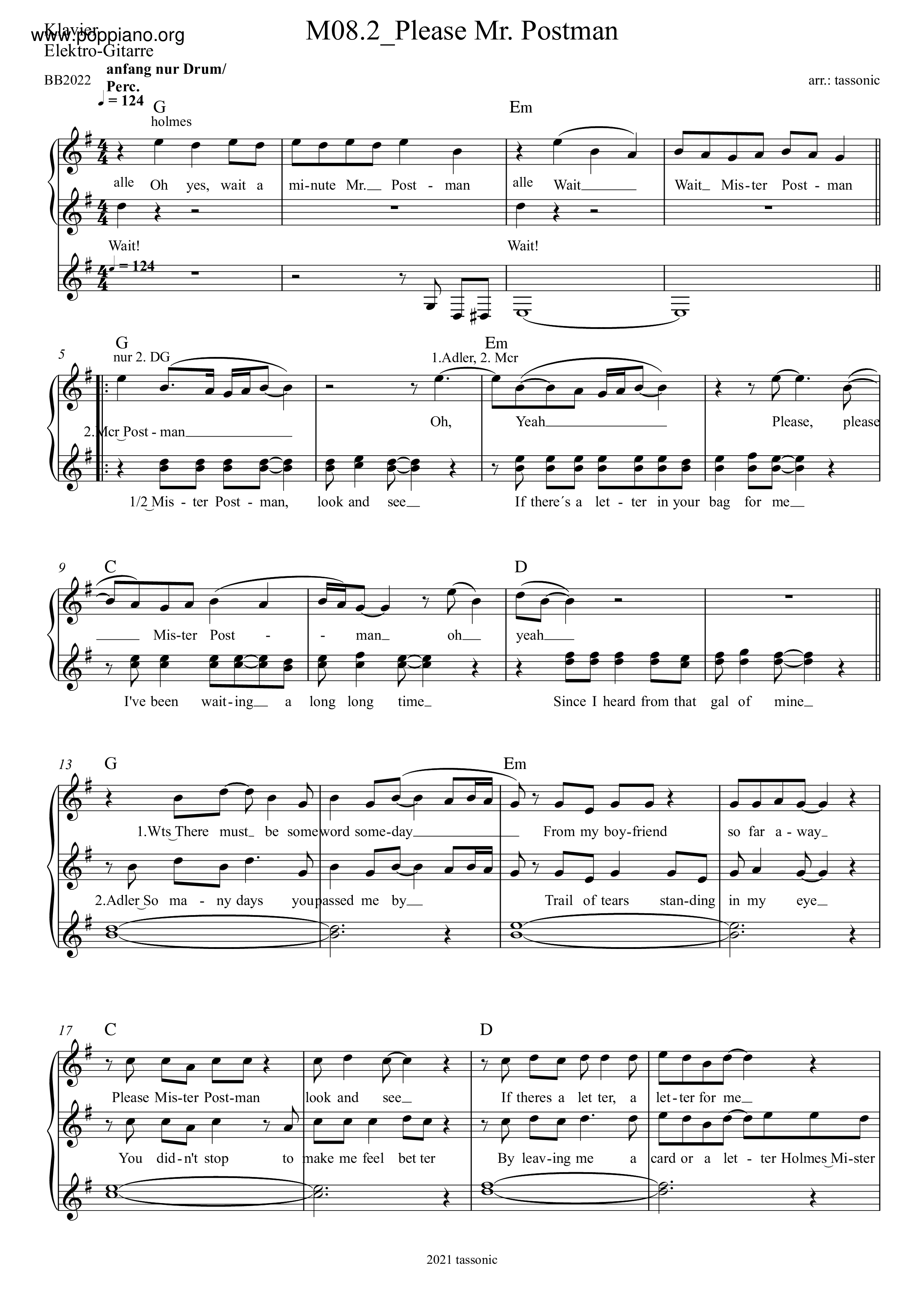 ★カーペンターズ - Please Mr. Postman ピアノ譜pdf- 香港ポップピアノ協会 無料PDF楽譜ダウンロード gakufu