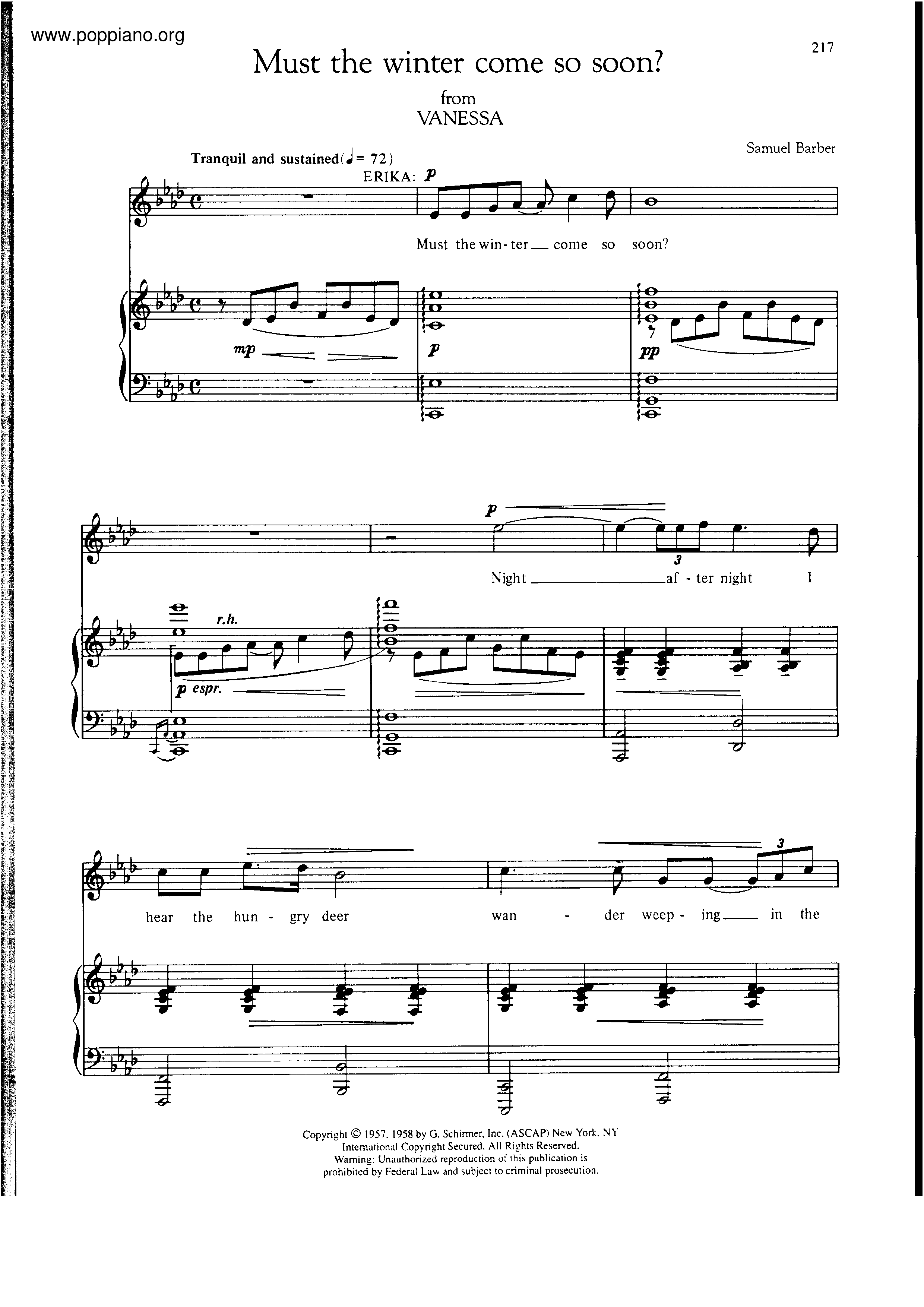 Samuel Barber-Must the Winter Come so Soon? 琴谱/五线谱pdf-香港流行钢琴协会琴谱下载 ★