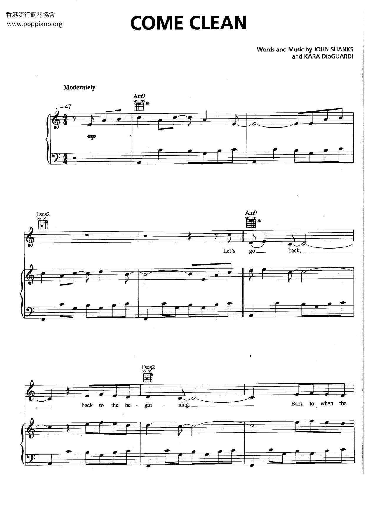 ★Hilary Duff - Come Clean ピアノ譜pdf- 香港ポップピアノ協会 無料PDF楽譜ダウンロード gakufu