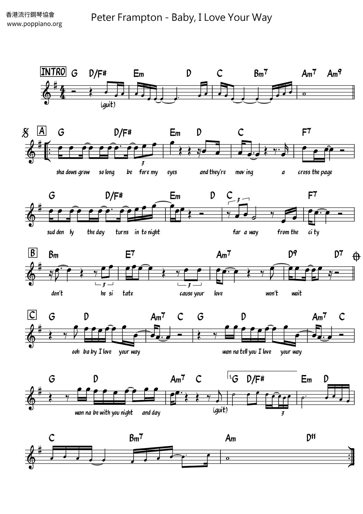 Peter Frampton-Baby, I Love Your Way Sheet Music pdf, - Free Score ...