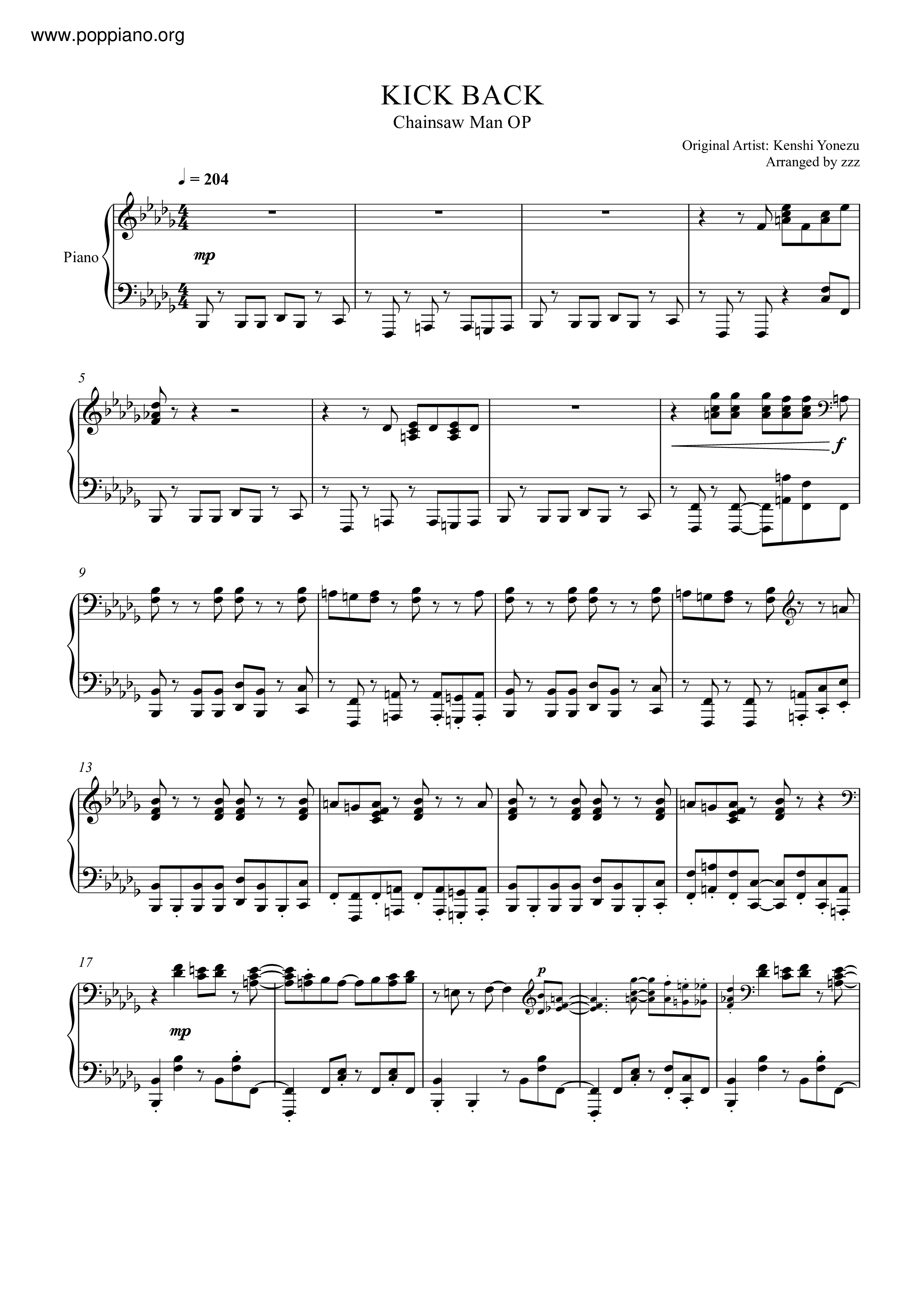 Kenshi Yonezu-Chainsaw Man Op - Kick Back Sheet Music pdf, - Free Score Download ★