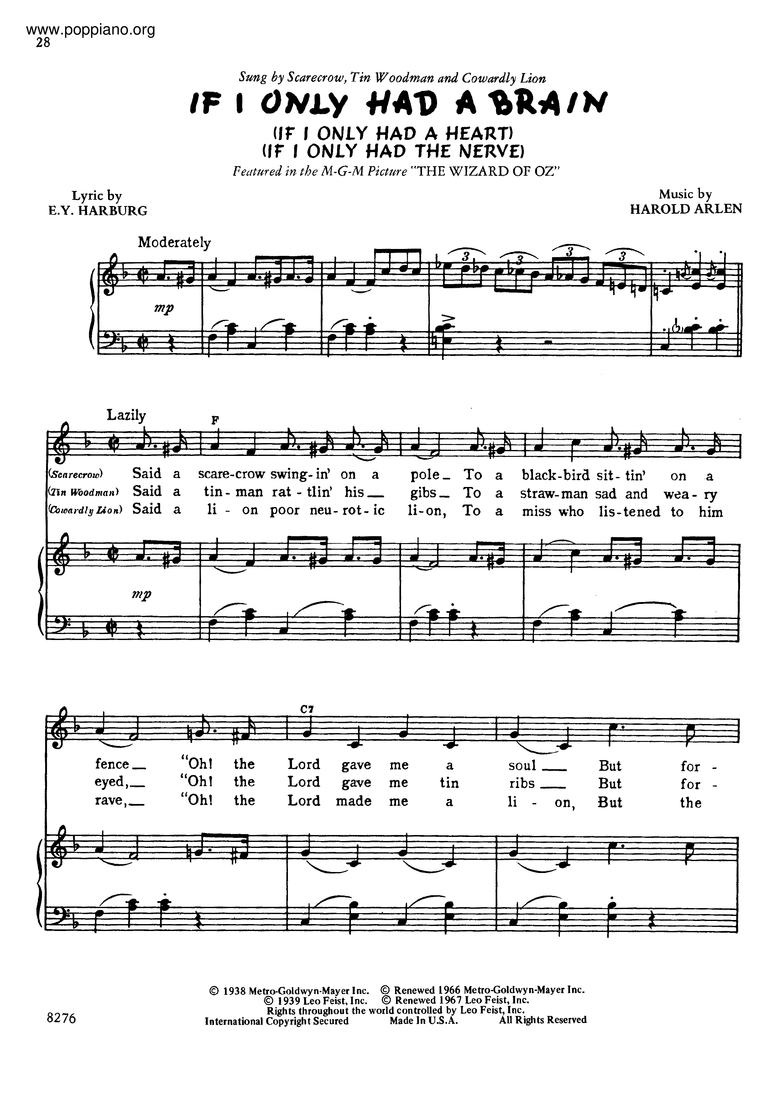 Harold Arlen-If I Only Had A Brain Sheet Music pdf, - Free Score Download ★