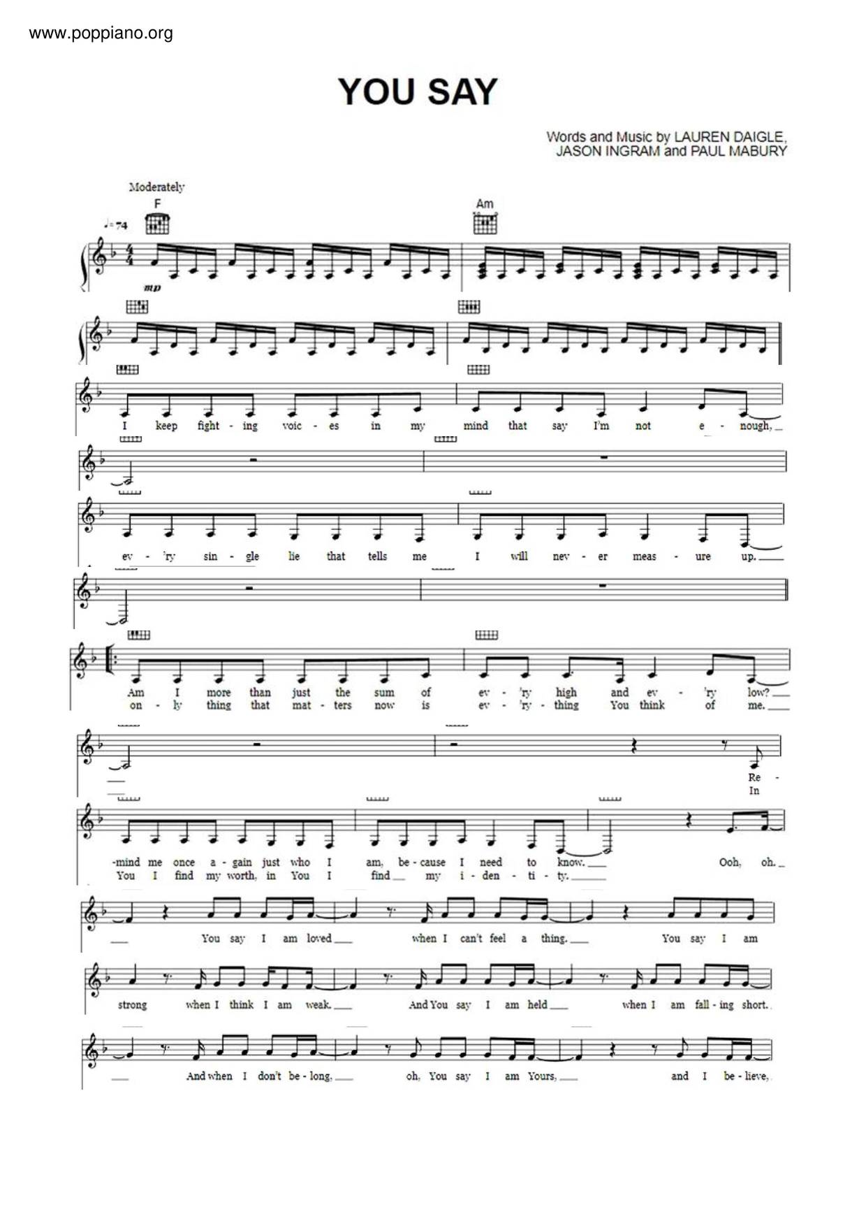 Lauren Daigle-You Say Violin Score pdf, - Free Score Download ★