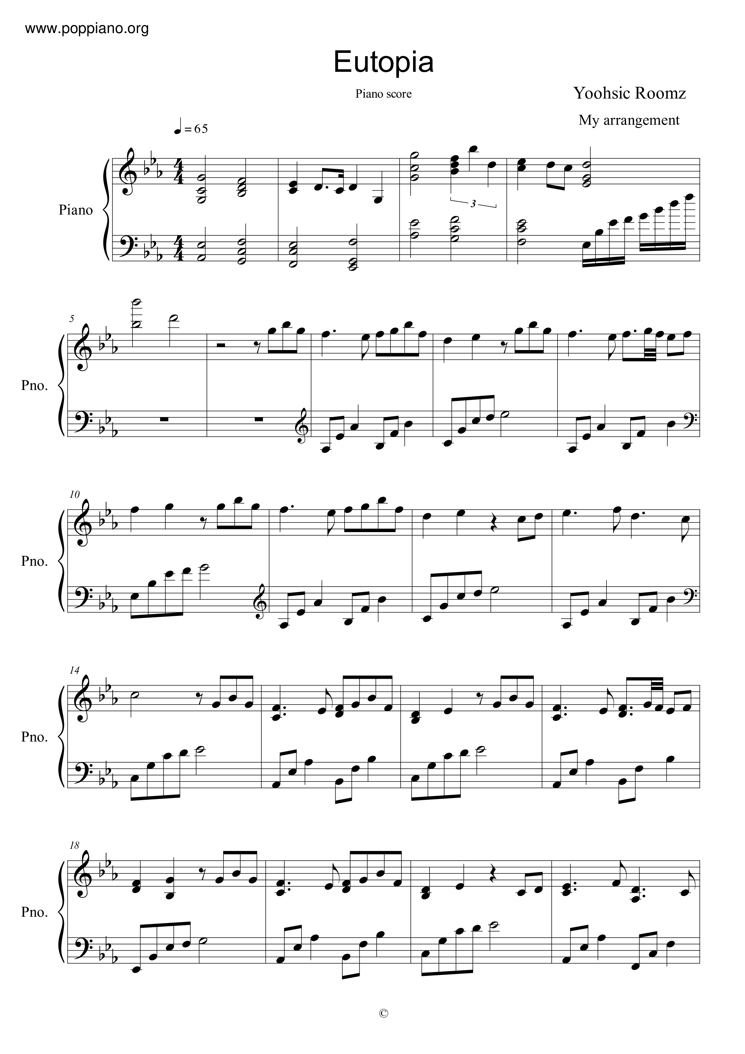 Yoohsic Roomz-Eutopia 琴谱/五线谱pdf-香港流行钢琴协会琴谱下载 ★