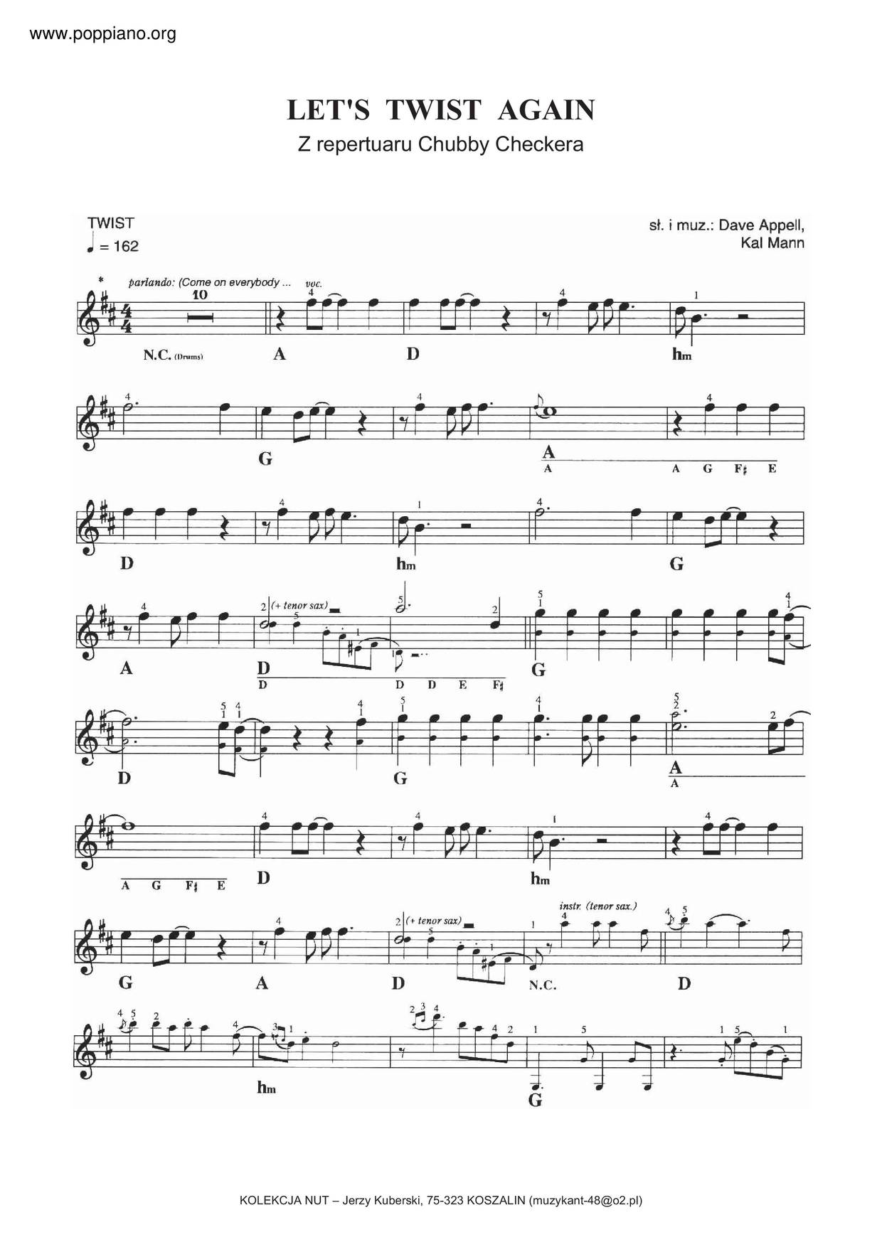 Chubby Checker-Let's Twist Again Sheet Music pdf, - Free Score Download ★