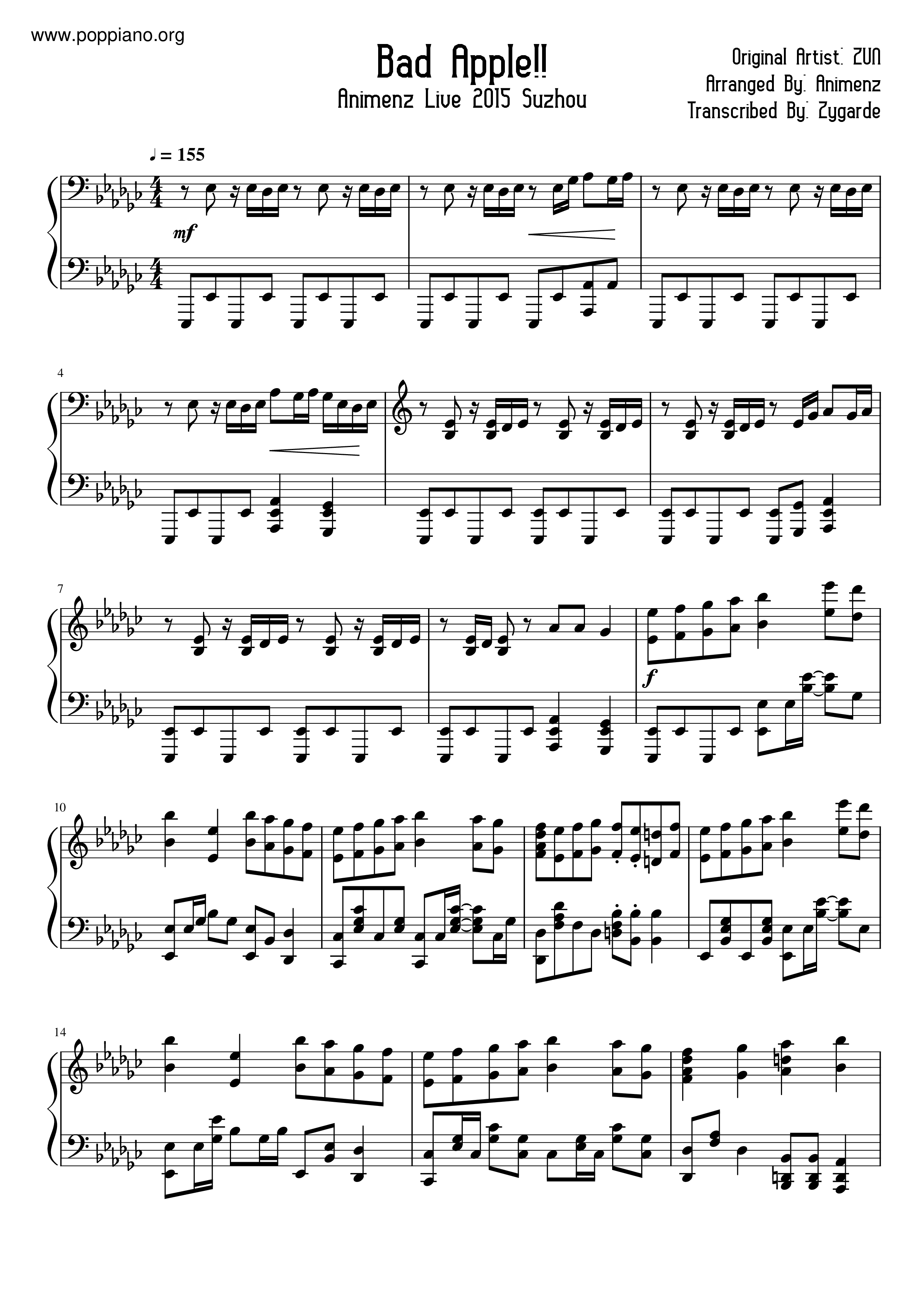 ZUN-Bad Apple!! Sheet Music pdf, -初音ミク 楽譜 (ズン) - Free Score Download ★