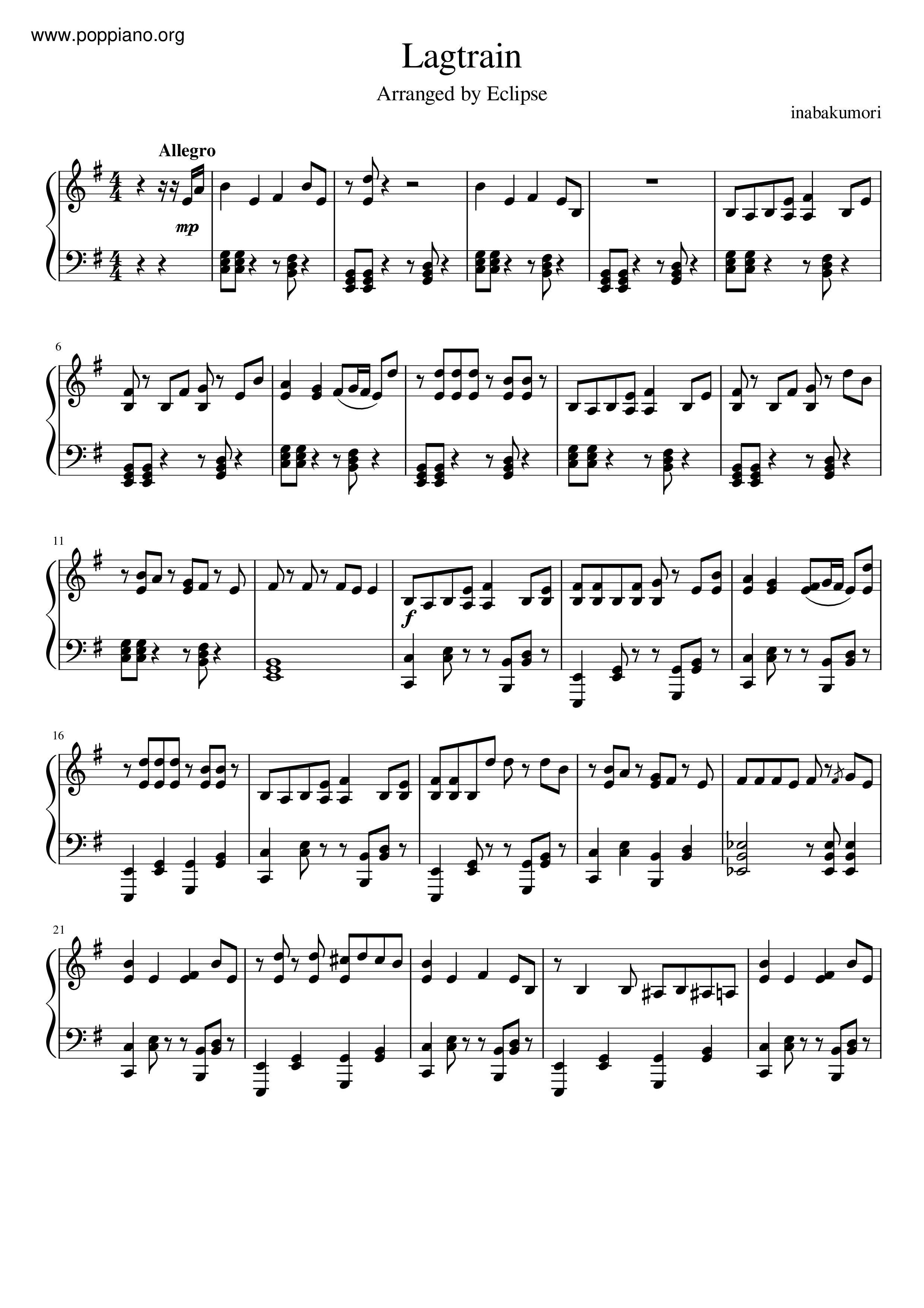 Inabakumori-Lag Train 琴谱/五线谱pdf-ラグトレイン 楽譜-香港流行钢琴协会琴谱下载 ★