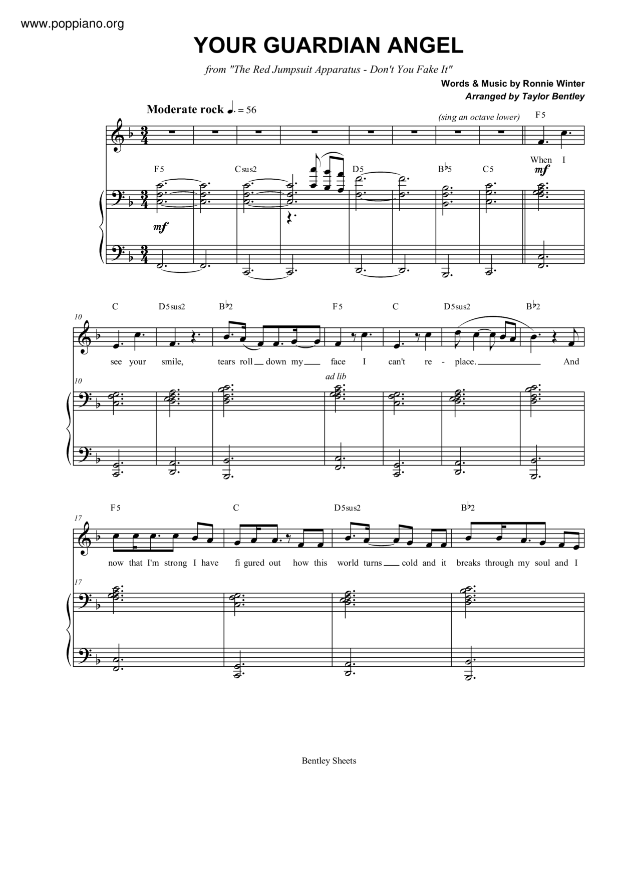 The Red Jumpsuit Apparatus-Your Guardian Angel Sheet Music pdf, - Free Score Download ★